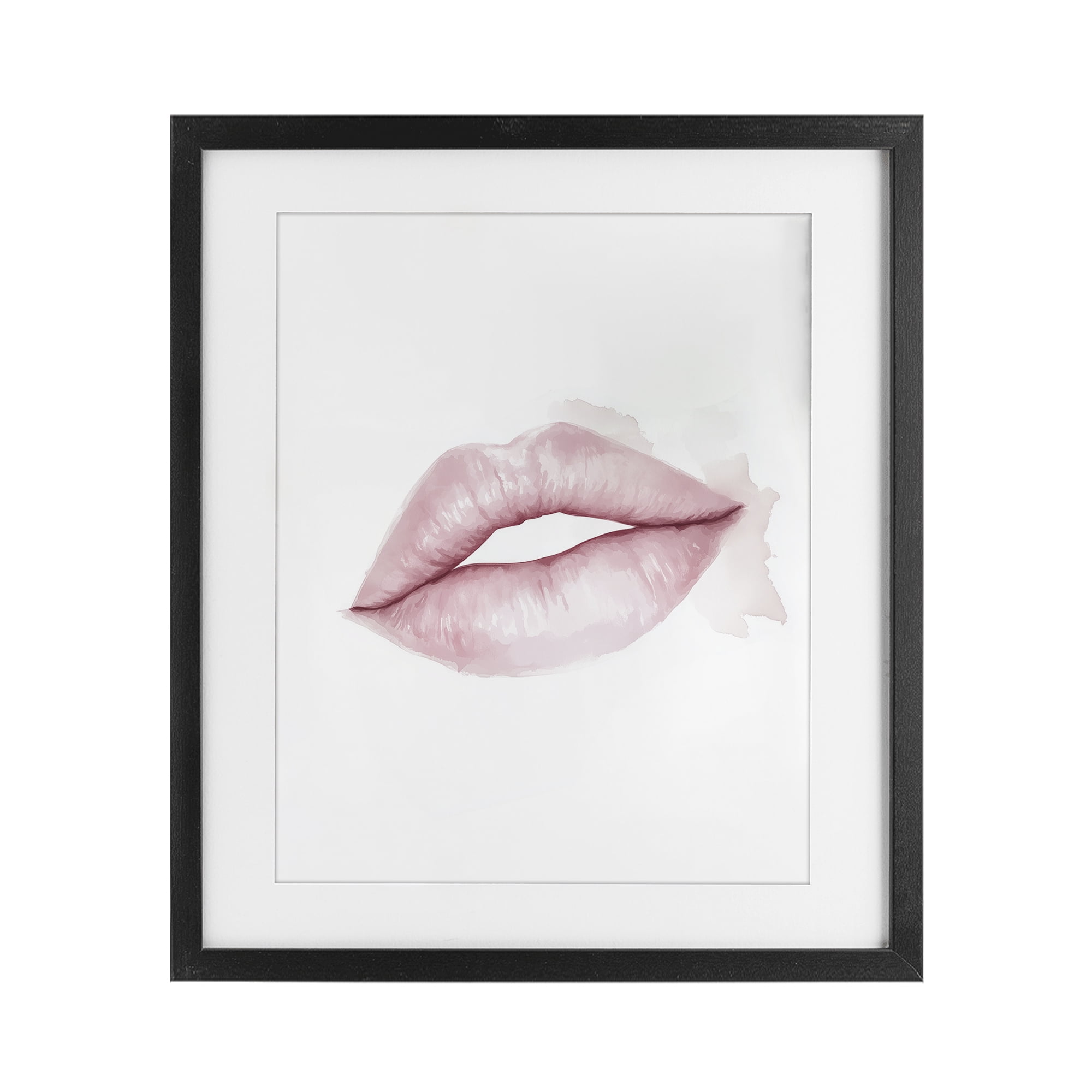 Pink Lips Watercolor Black Framed Print Under Glass, design by ...