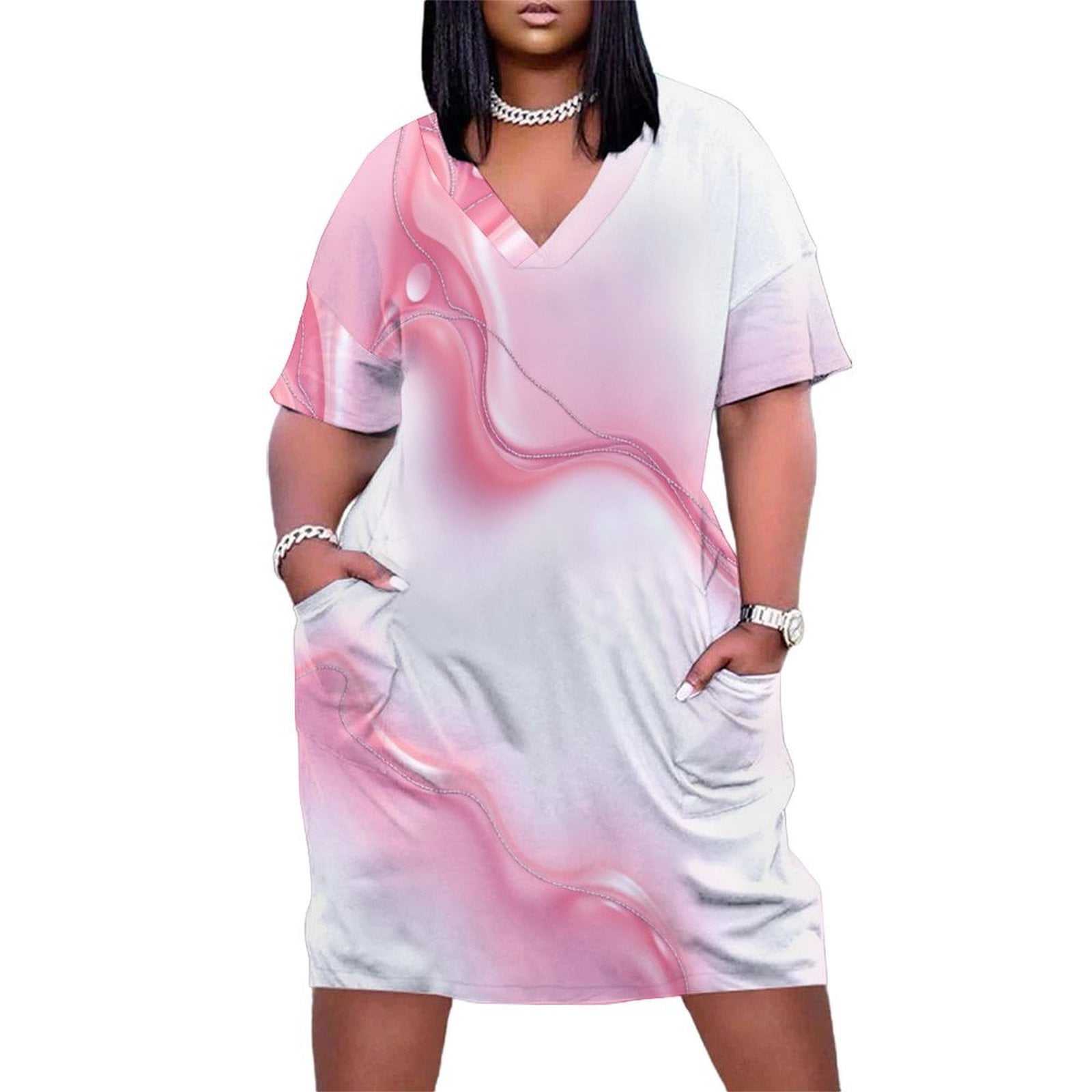 Pink Liquid Flow Dress Loose Pocket Dress Women Clothing 2025 New ...