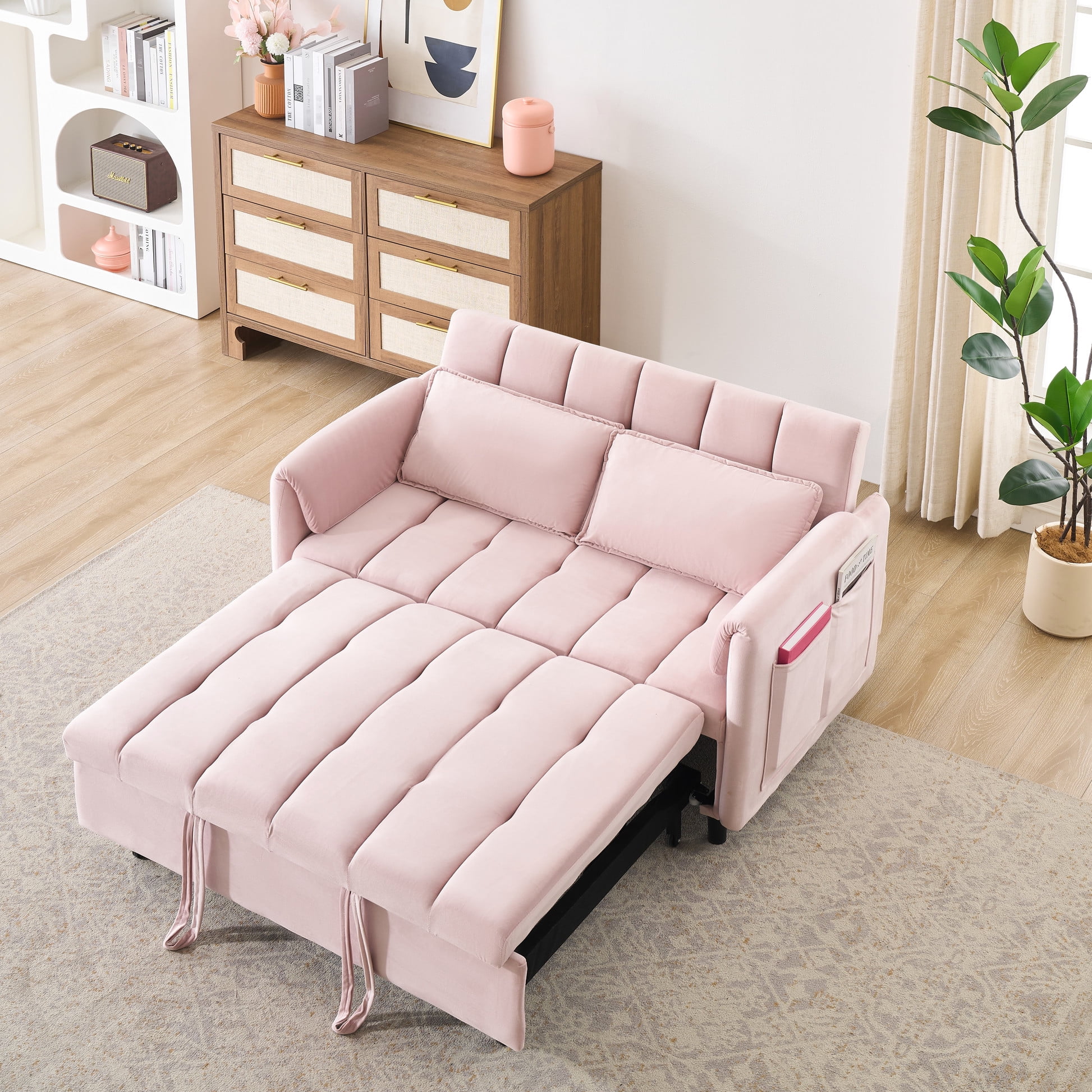 Pink Living Room 3 In 1 Bed , 52" Velvet With Pull-out Option, Sponge ...