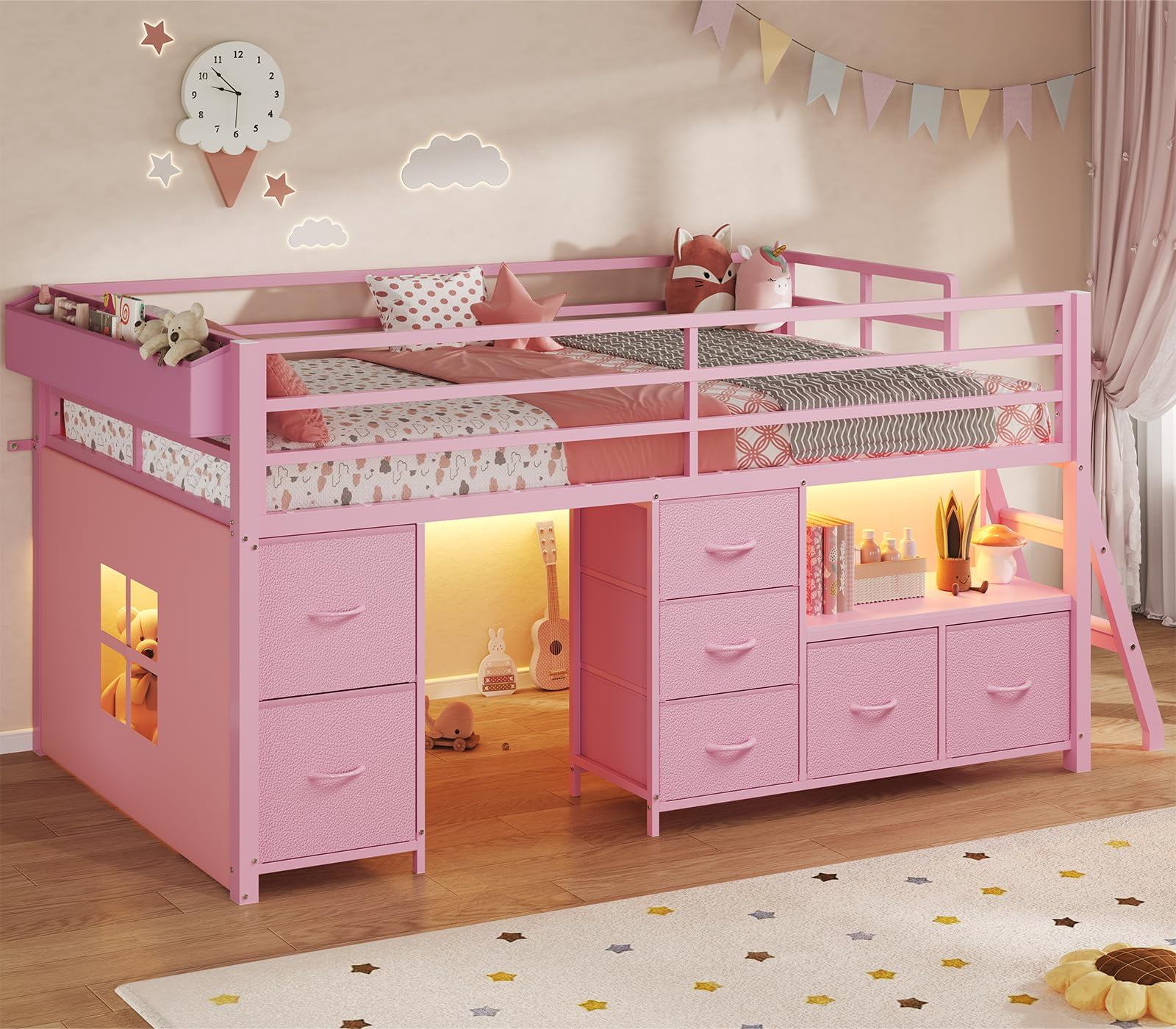 Pink Loft Bed Twin Size with 7 Storage Drawers, Bookcase and LED Lights ...