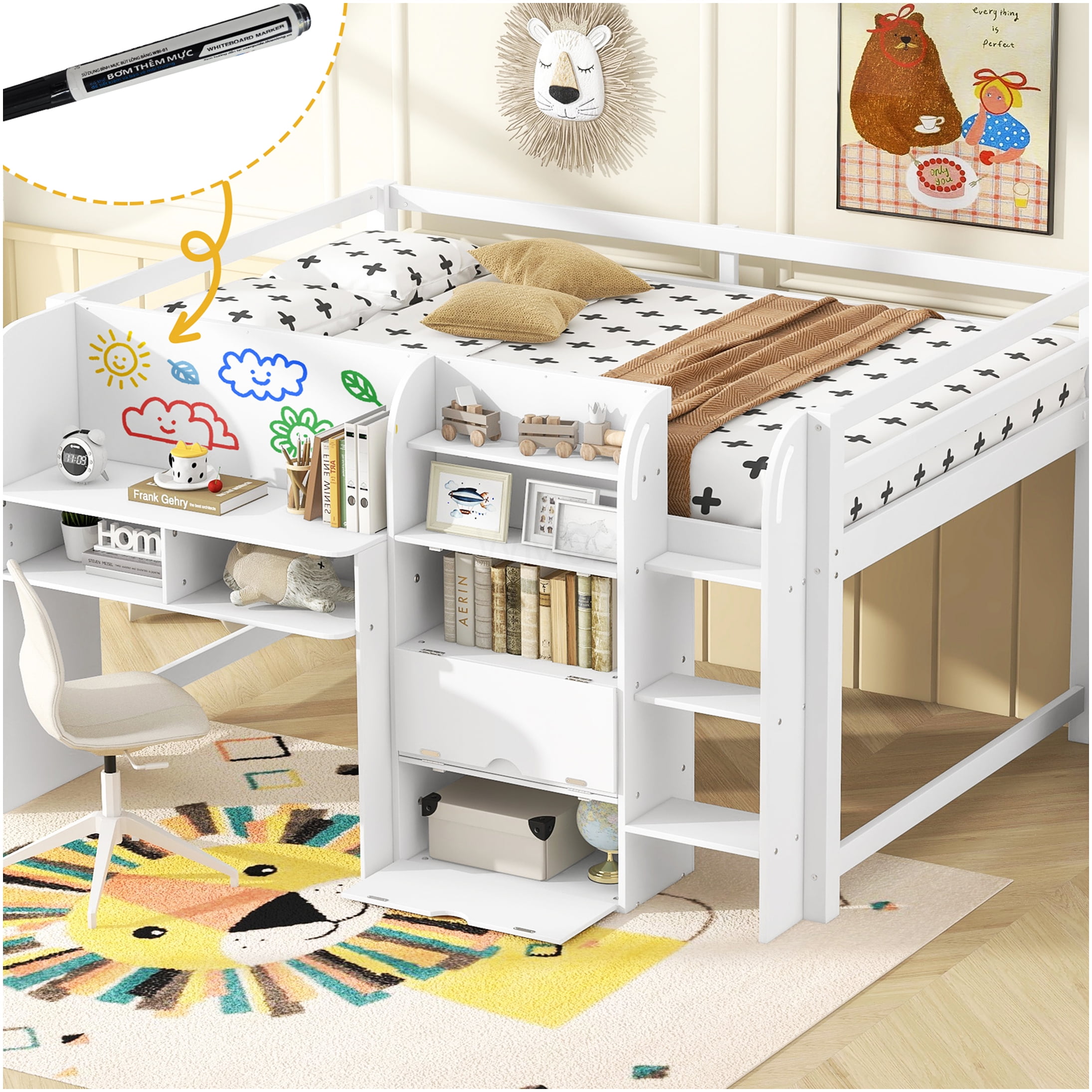 Pink Loft Bed with Slide and Play Tent, Reversible Tower Design for ...