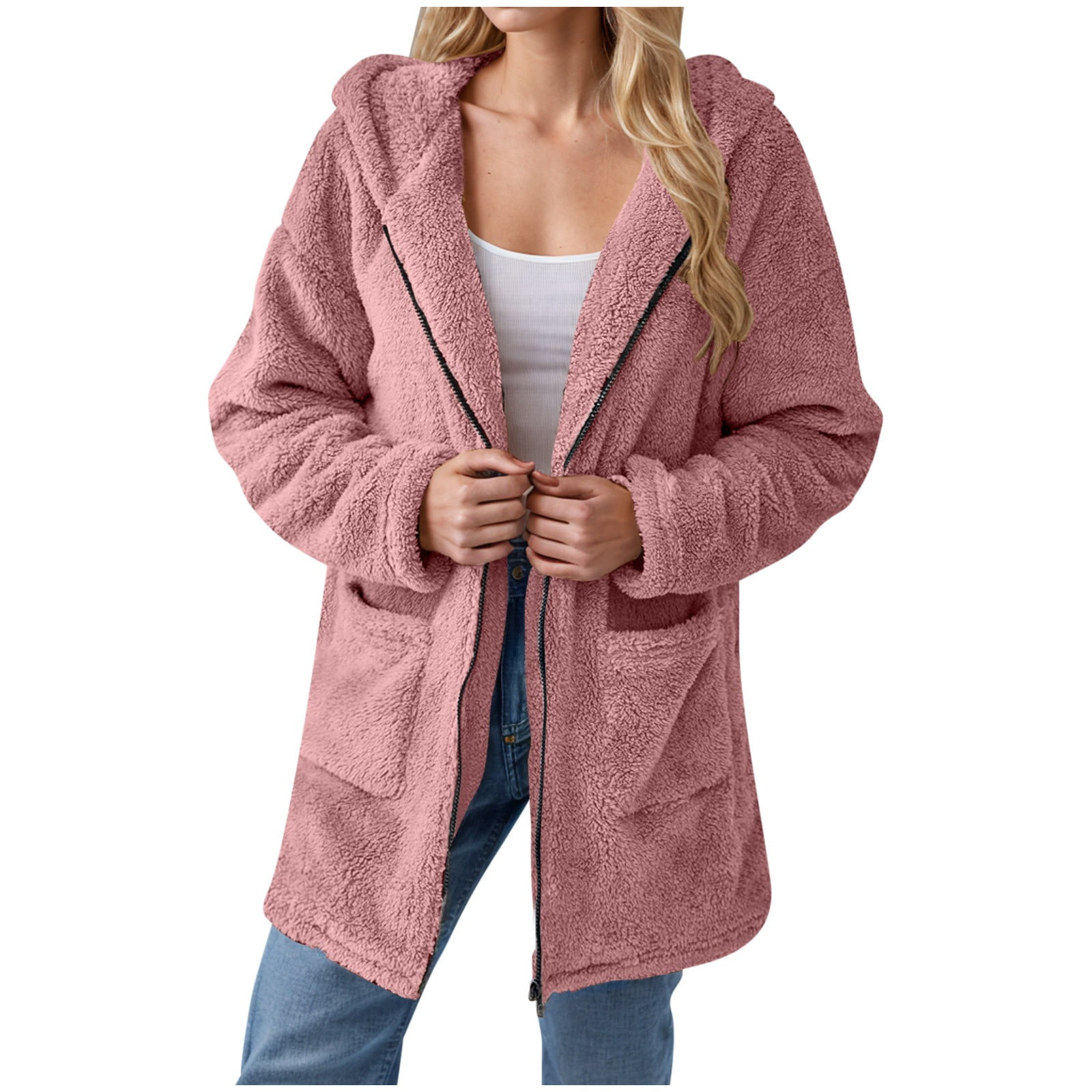 Pink Long Sleeve Jackets for Women Winter Fall Faux Fleece Lined Wool ...