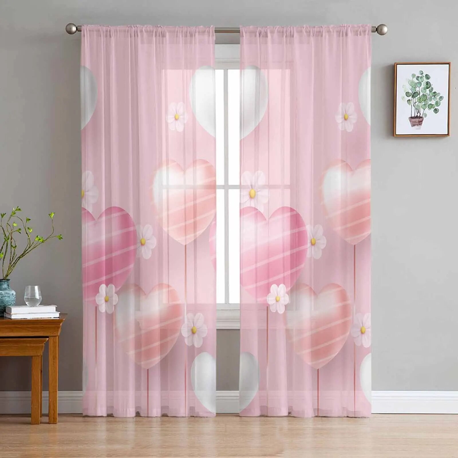 Pink Love Balloon Voile Curtains for Bedroom Window Tulle Curtain for ...