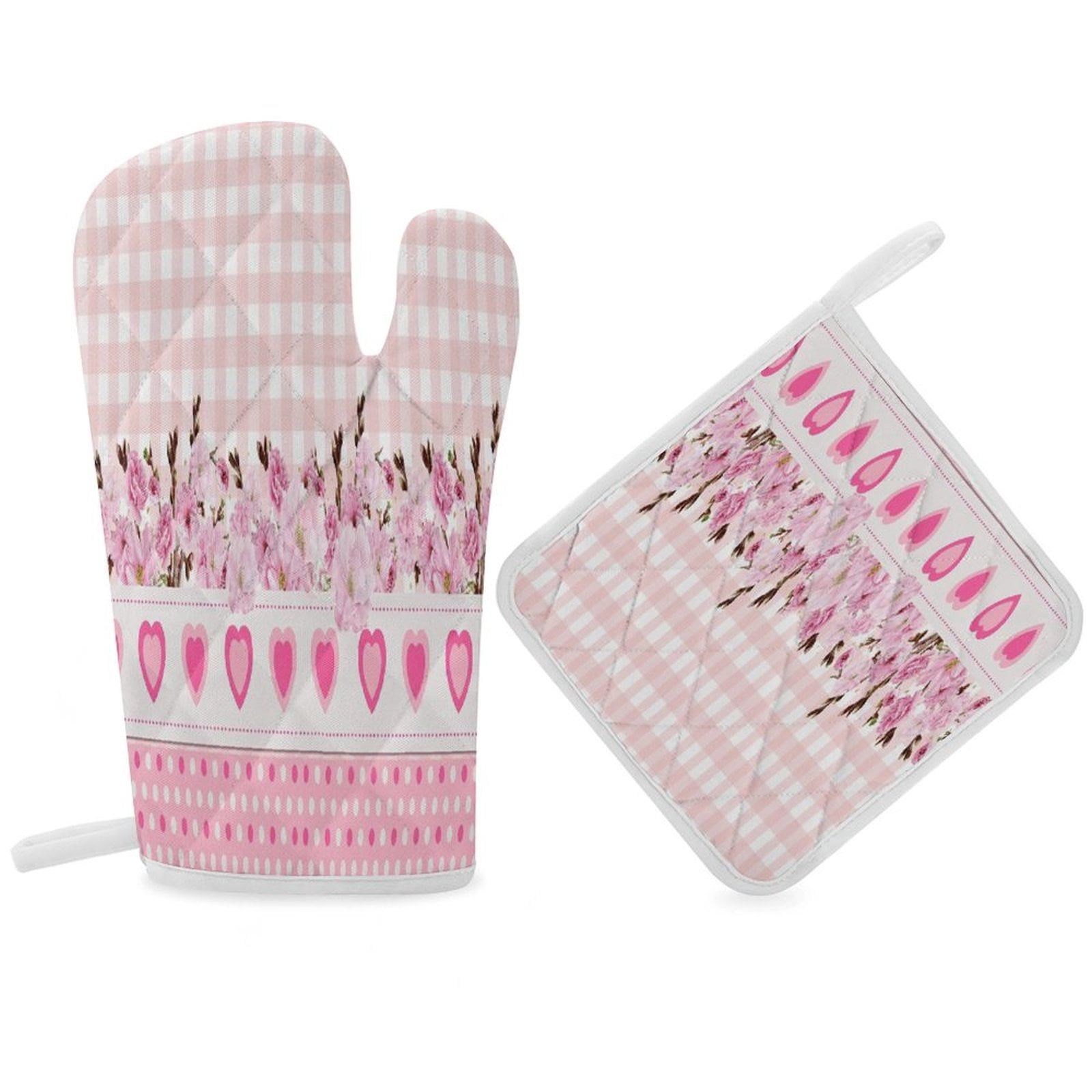 Pink Love Blooming Flower Oven Gloves And Pots Stand Set Oven Gloves ...