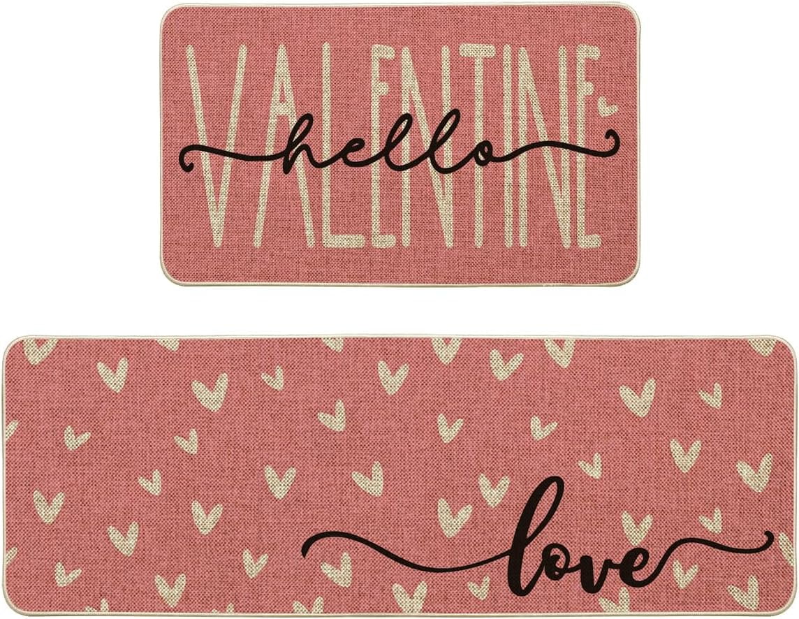 Pink Love Heart Hello Valentine''s Day Kitchen Mats Set of 2, Home ...