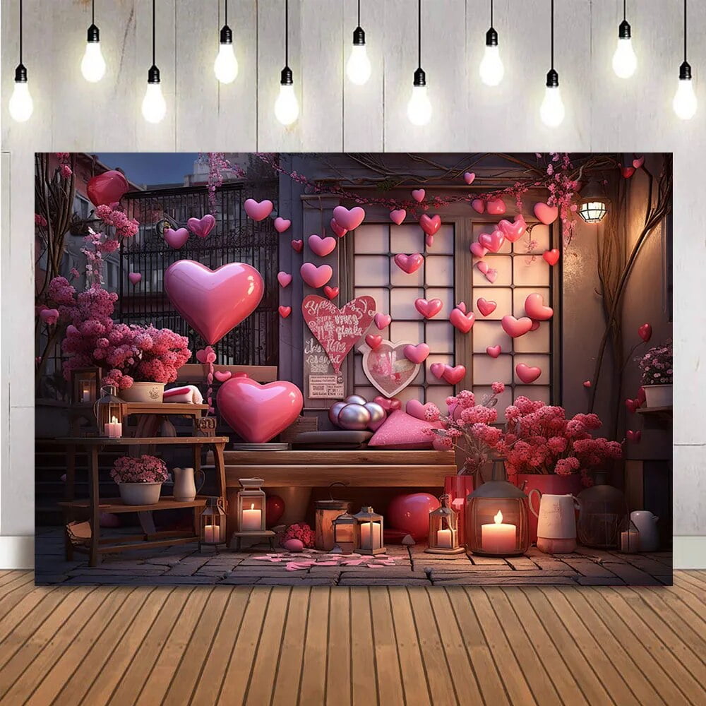 Pink Love Heart Valentine's Day Photography Backdrop Pink Rose Flowers ...