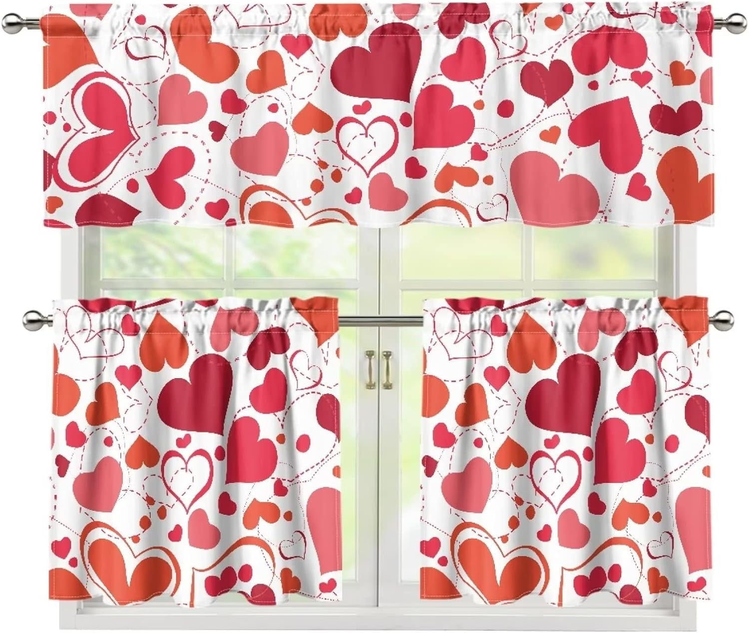 Pink Love Heart Window Tier Curtain and Valance 3 Pcs for Living Room ...