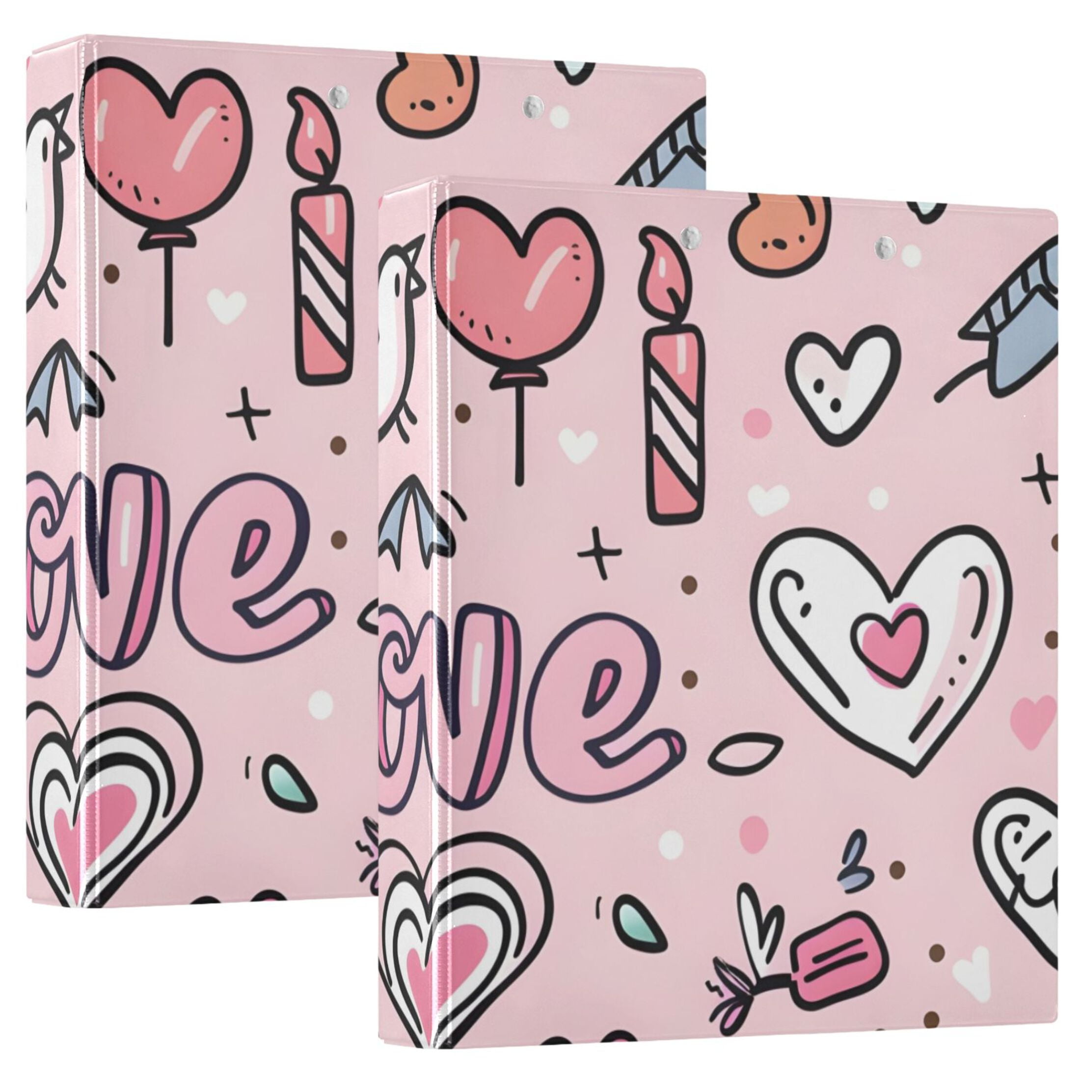 Pink Love Hearts Birds 3 Ring Binders 1.5 inch Hardcover File Folders ...