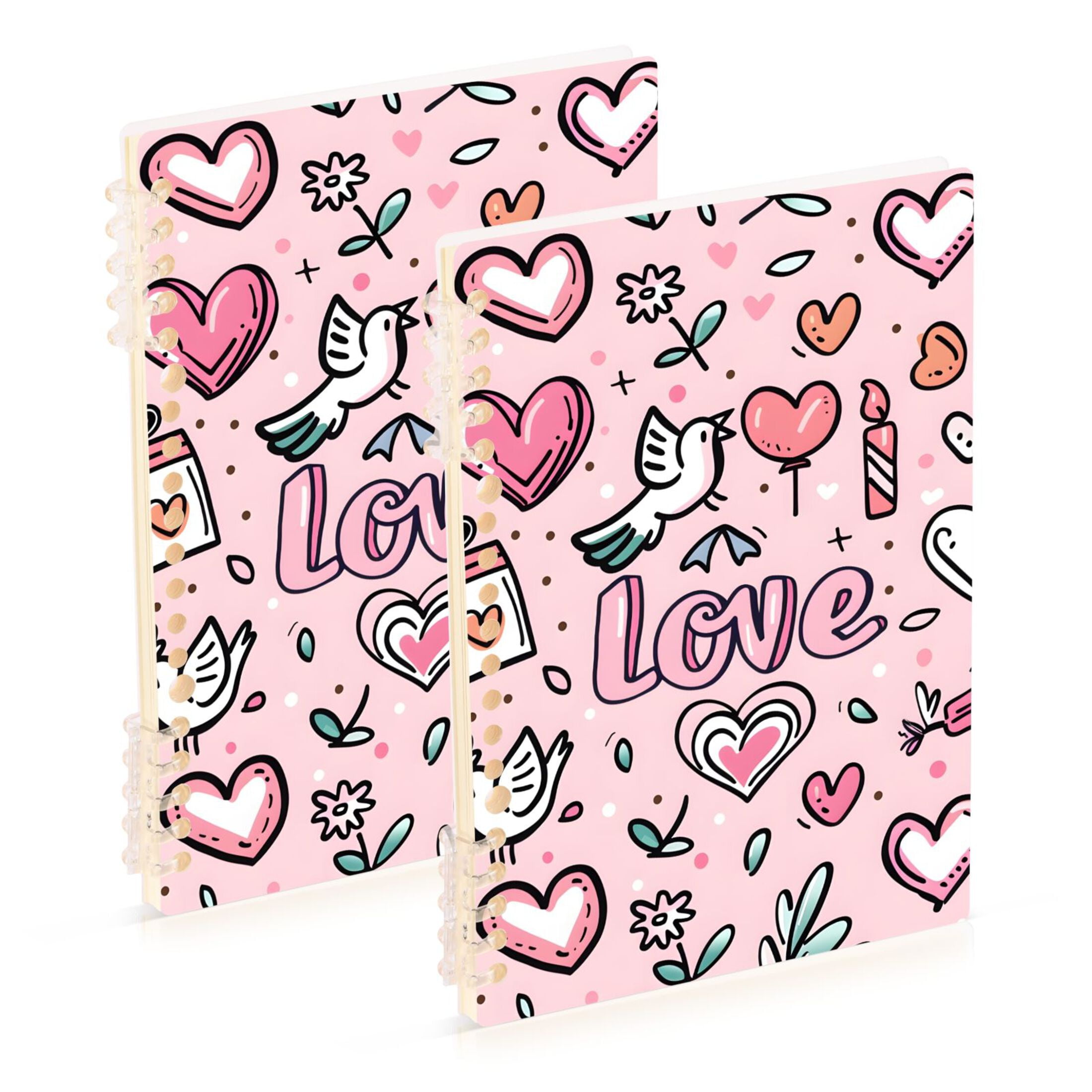 Pink Love Hearts Birds Ring Binder Notebook Journey Note Diary College ...