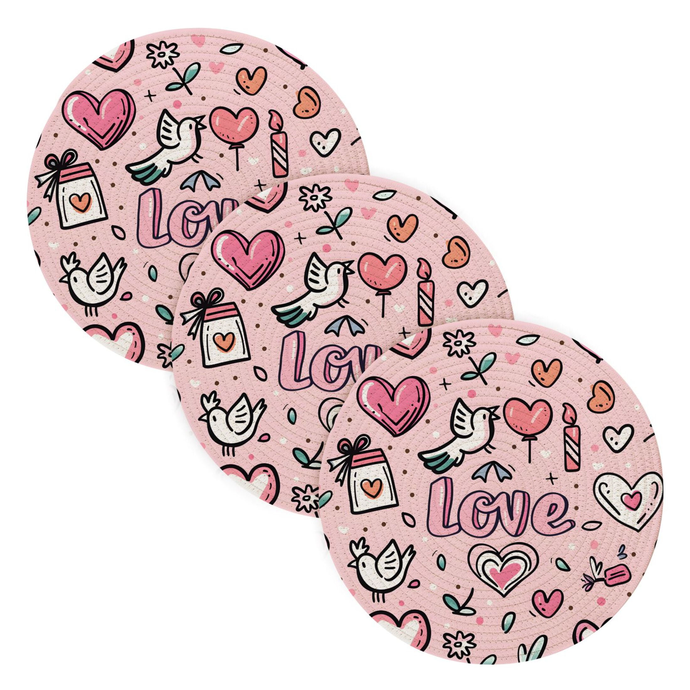 Pink Love Hearts Birds Trivet Mats Woven Pot Holders 3Pcs Non-Slip Heat ...