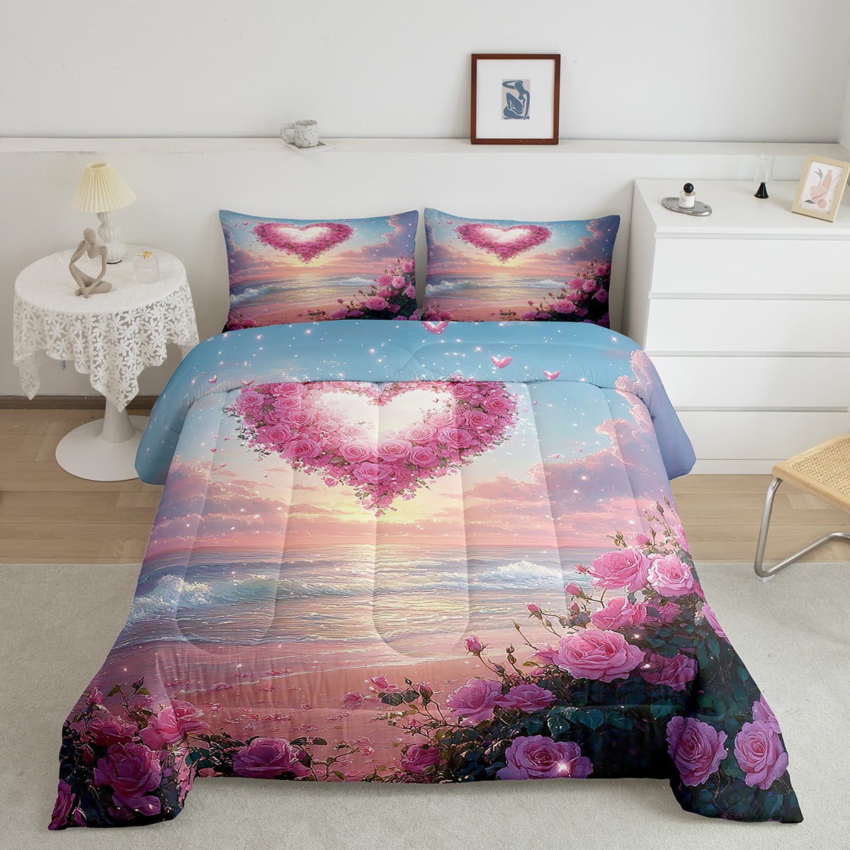 Pink Love Rose Comforter Set Full Size,Ocean Beach Bedding Sets 3Pcs ...