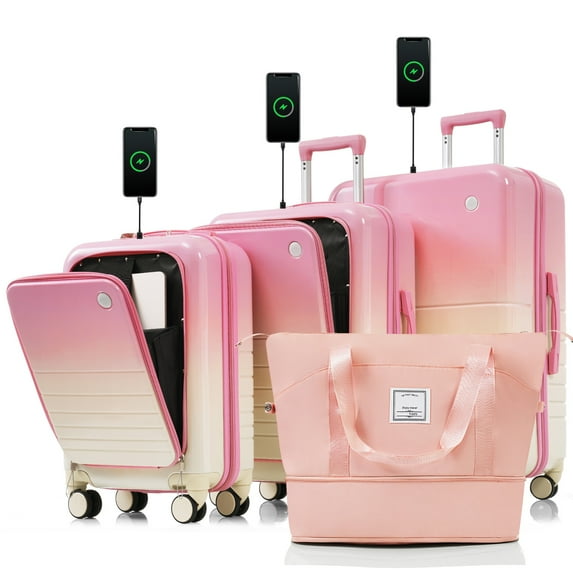 Pink Luggage Set of 4 with USB Port, 20/24" Front Opening, ABS+PC Hard ...