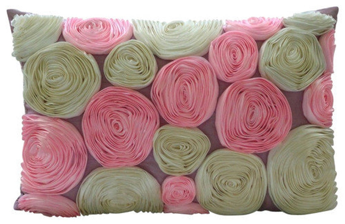 Pink Lumbar Pillow Cover, Ribbon Ivory and Light Pink Rose Flower ...