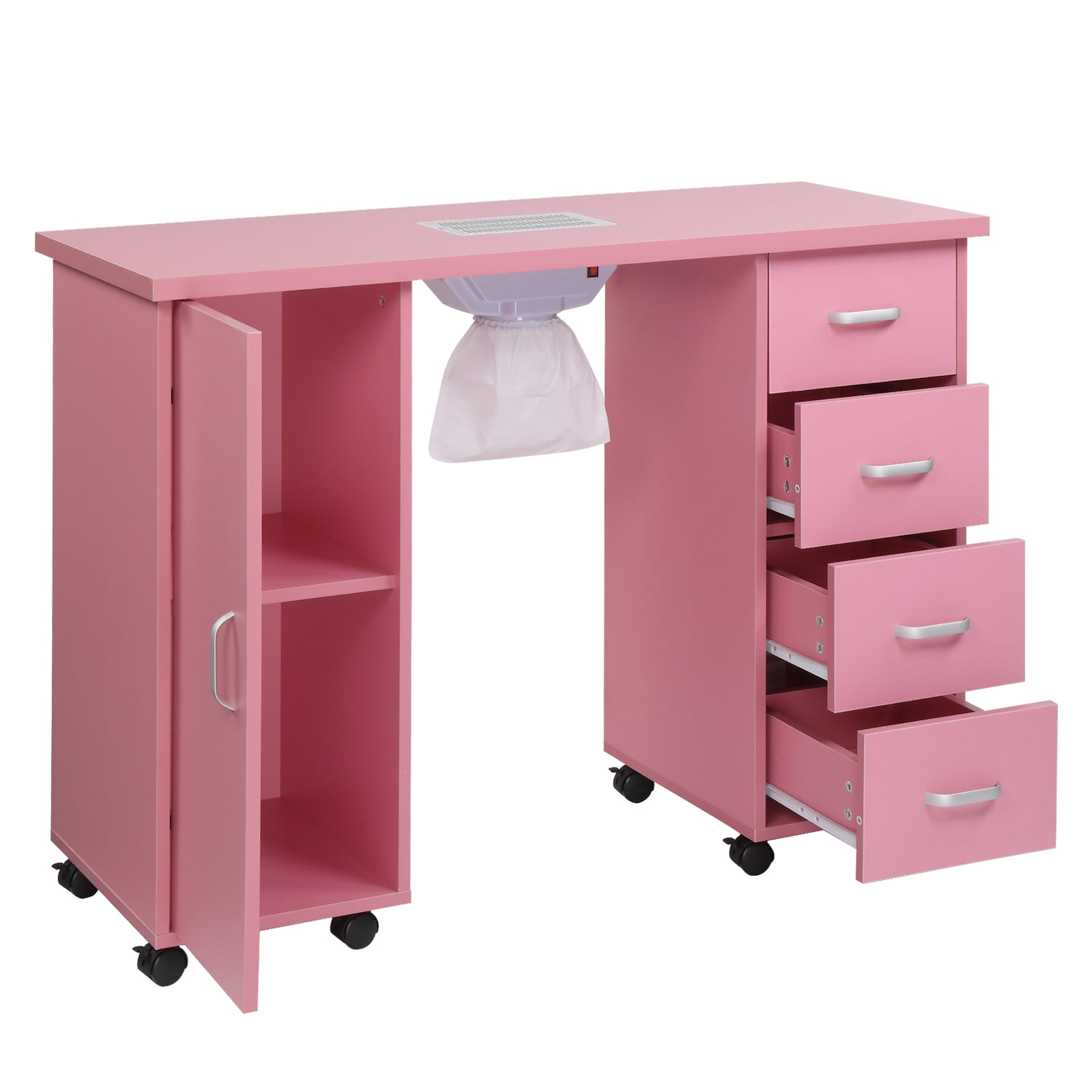 Pink MDF Nail Technician Table - Single Door with 4 Drawers & Built-In ...