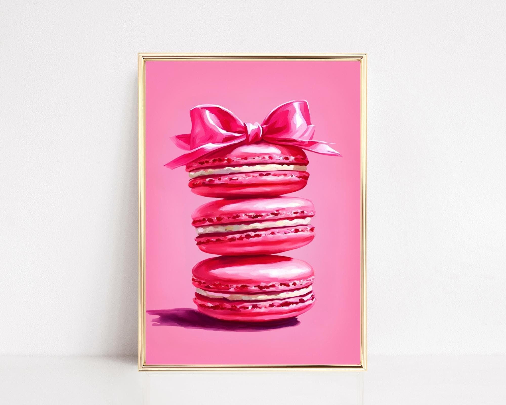 Pink Macarons Art Print Macaron Pink Bow Coquette Kitchen Pastel Dorm ...