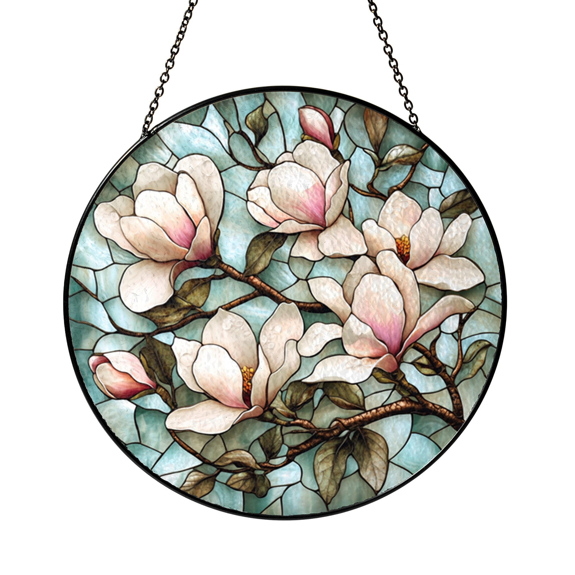 Pink Magnolia Blossom Stained Glass Style Round Suncatcher – Floral ...