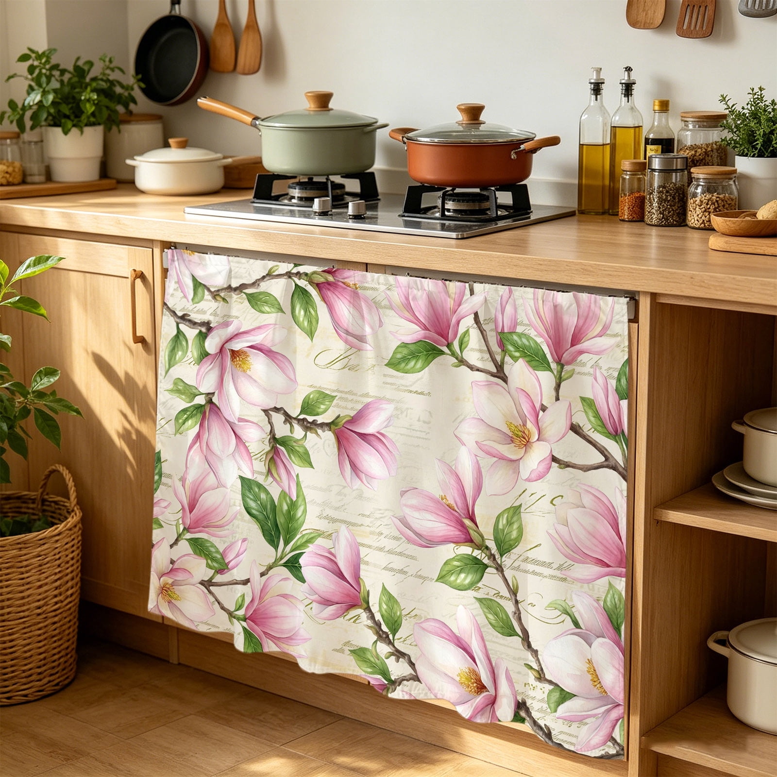 Pink Magnolia Cabinet Curtains for Kitchen 35"W x 35"L, Floral Branches ...