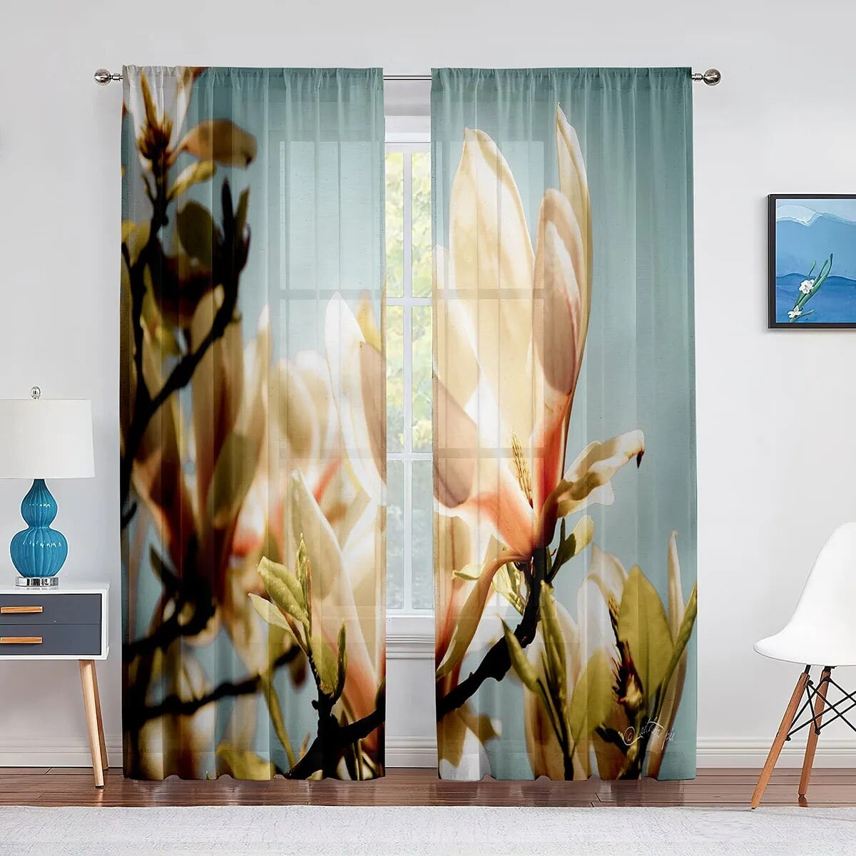 Pink Magnolia Spring Flowers Sheer Curtains for Living Room Bedroom ...