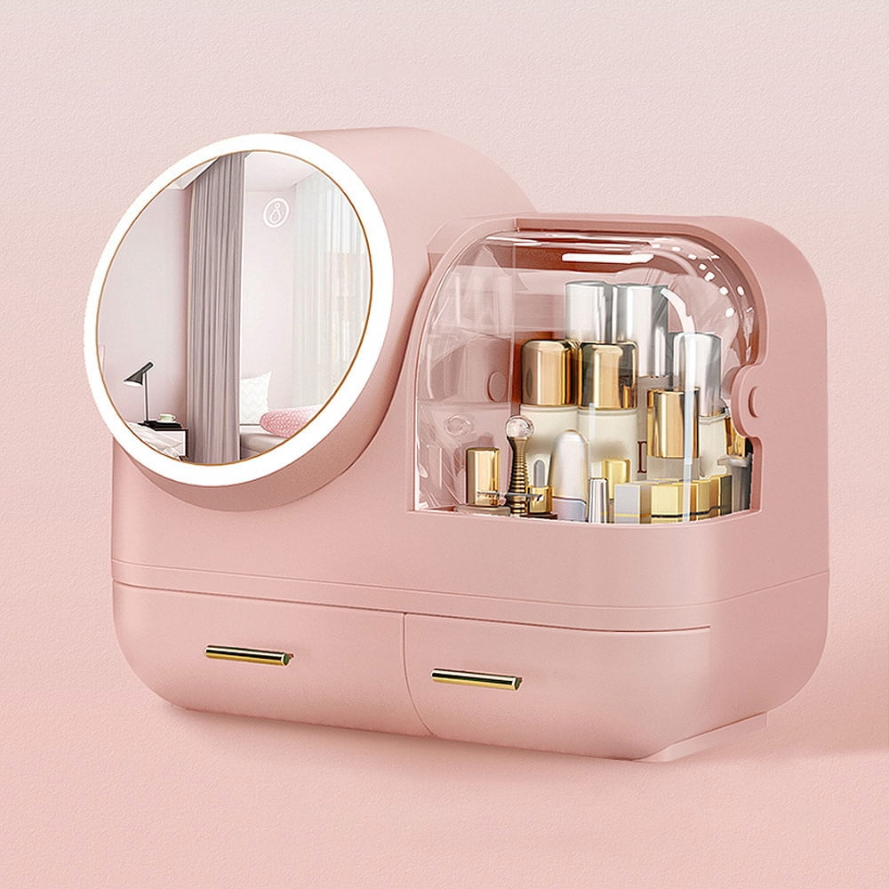 Pink Makeup Organizer with 360° Rotating LED Mirror and Drawers ...