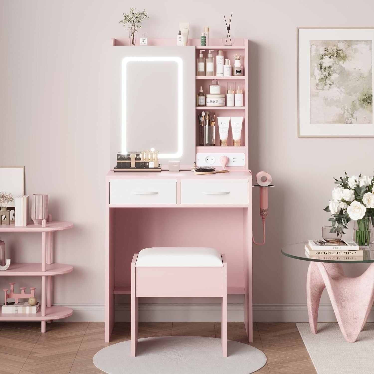 Pink Makeup Vanity with Lights and Mirror, Vanity Desk with Charging ...