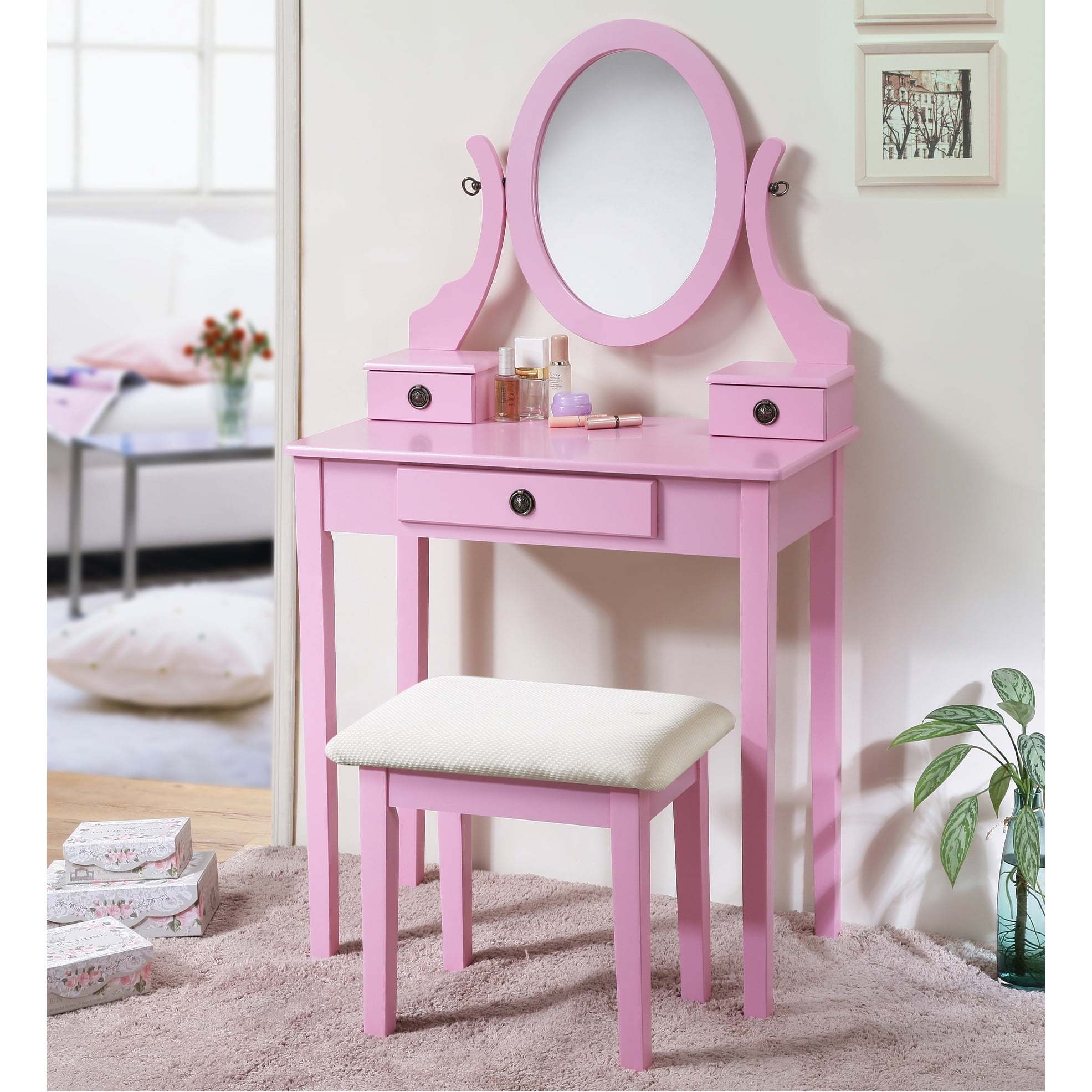 Pink Makeup Vanity With Stool - 3 Drawer Storage, Swivel Oval Mirror ...