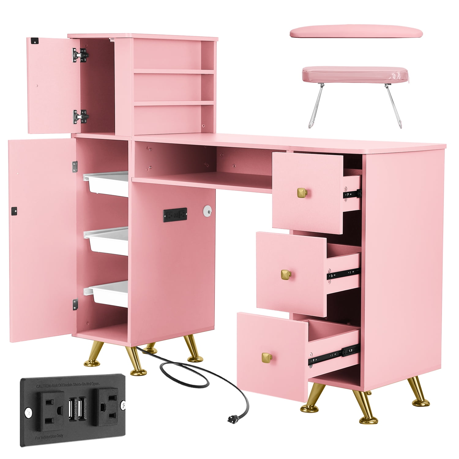 Pink Manicure Table with Gold - Accented Legs, Multi - Compartment ...