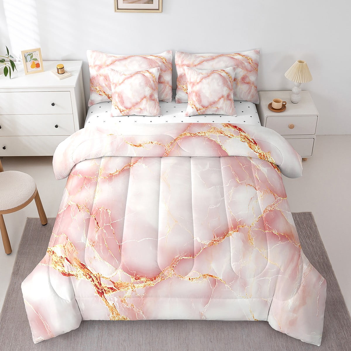Pink Marble Bedding Set Queen Size Watercolor Glitter Sheet Set ...