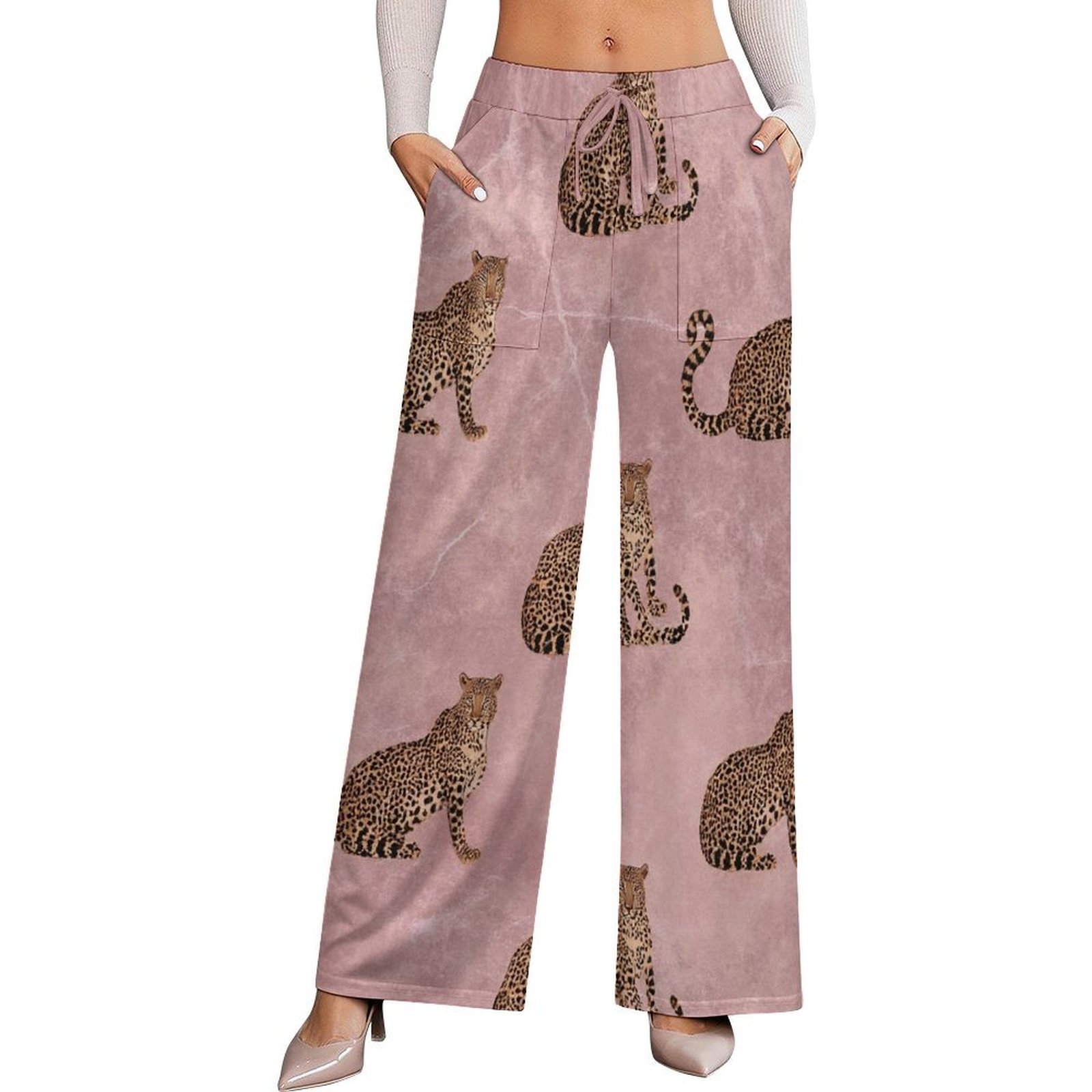 Pink Marble Leopard Print Fabric Women's Casual Wide Leg Pants Comfort ...