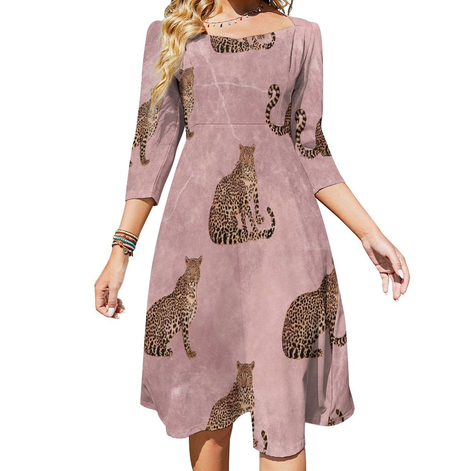 Pink Marble Leopard Print Fabric Womens Summer Dress Tie Back A Line ...