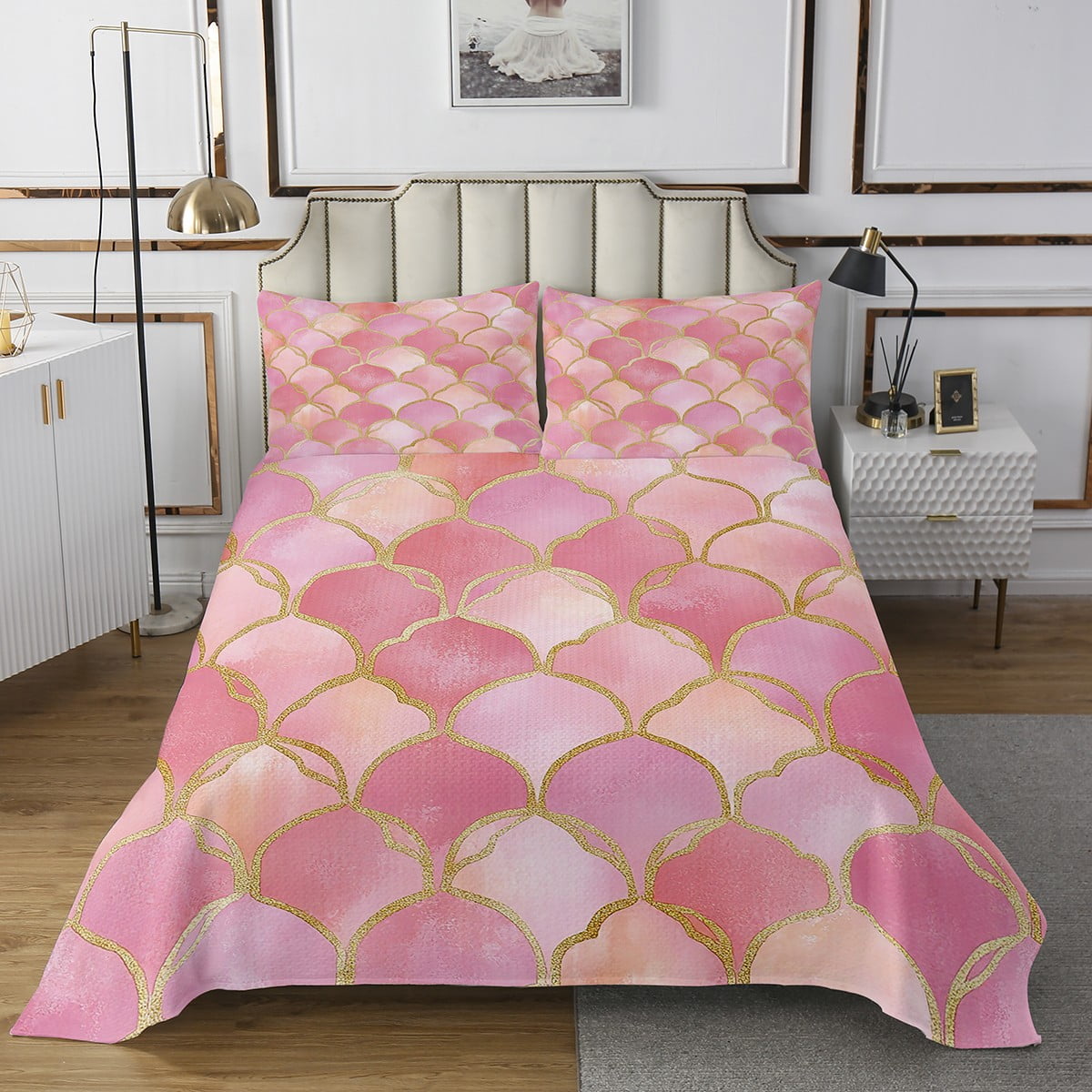 Pink Marble Quilt Set Metallic Stone Pattern Bedspread Set Gold Glitter ...