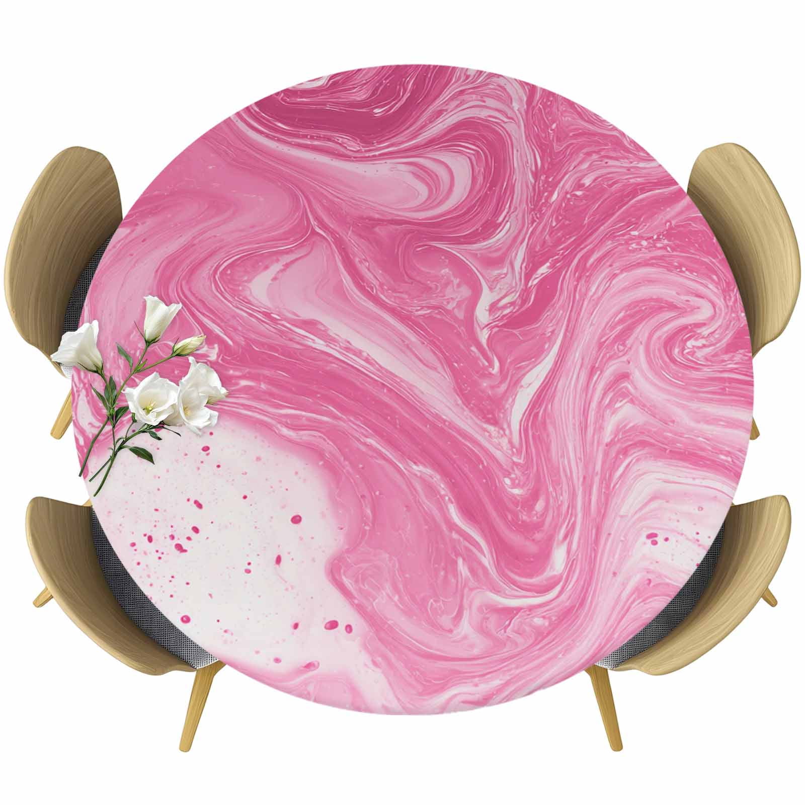 Pink Marble Round Tablecloth, Fitted Table Cover with Elastic for 55 ...
