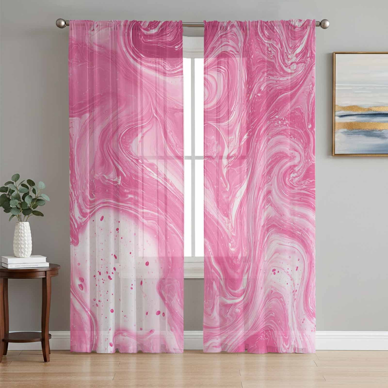 Pink Marble Sheer Curtains 96 Inch Length 2 Panels Set, Modern Ombre ...