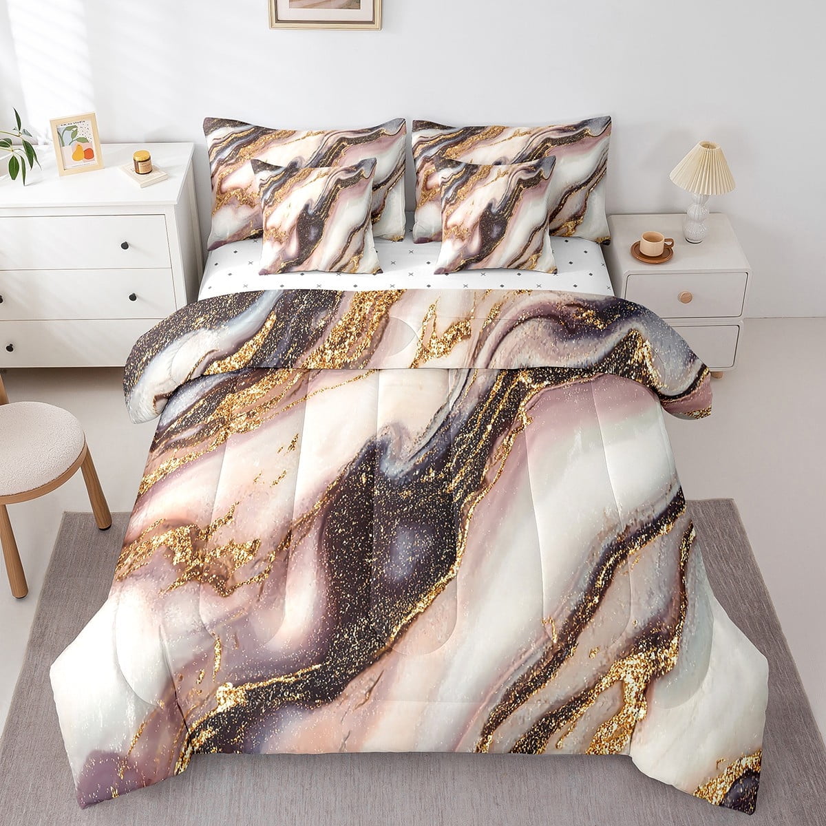 Pink Marble Sheet Set Adults Bronzing Stone Pattern Comforter 7 Pieces ...