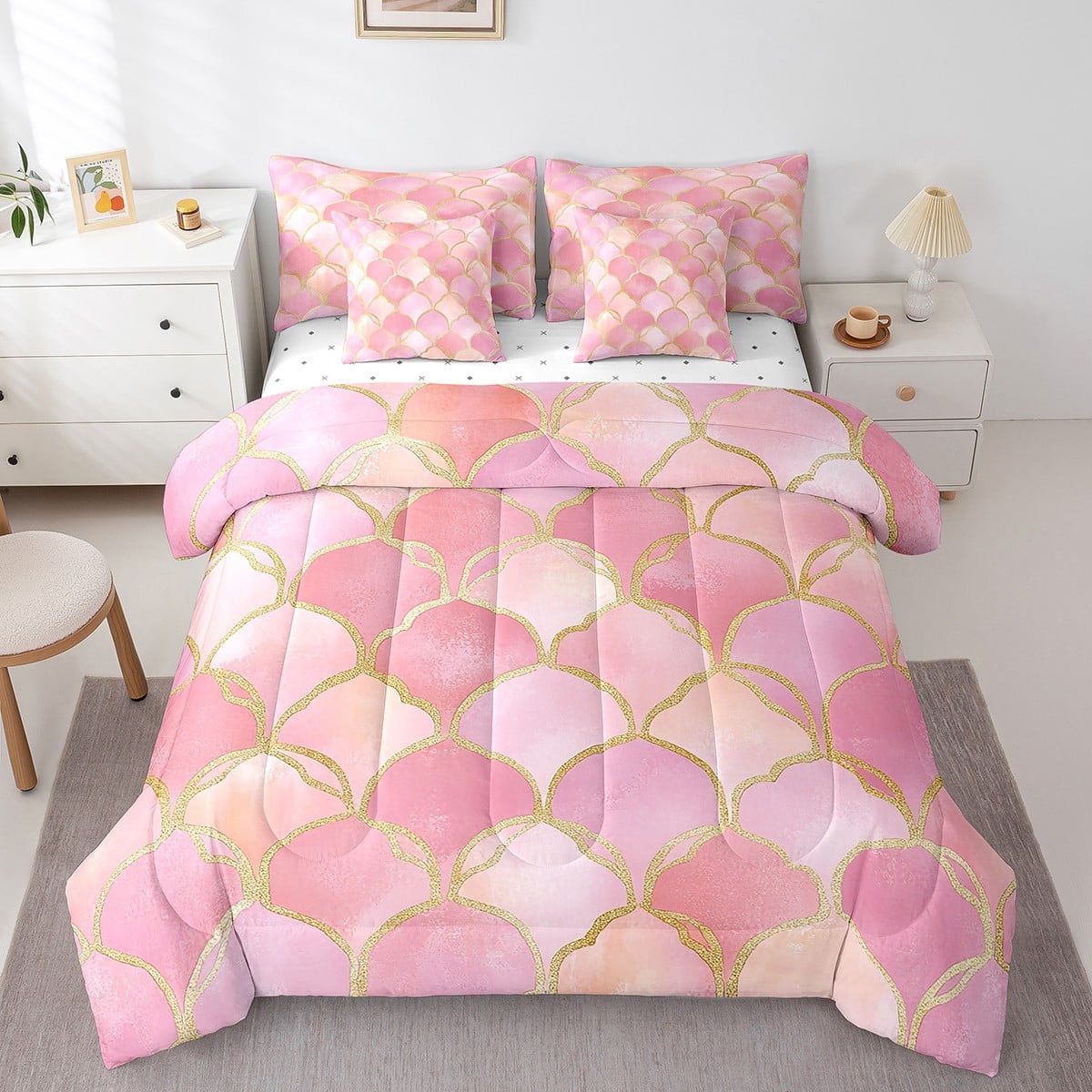 Pink Marble Sheet Set Metallic Stone Pattern 7 Pieces Comforter Gold ...