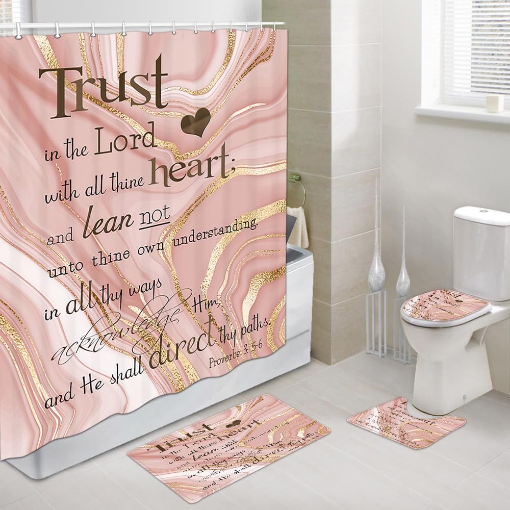 Pink Marble Shower Curtain Bible Verse Scripture Quote Bathroom ...