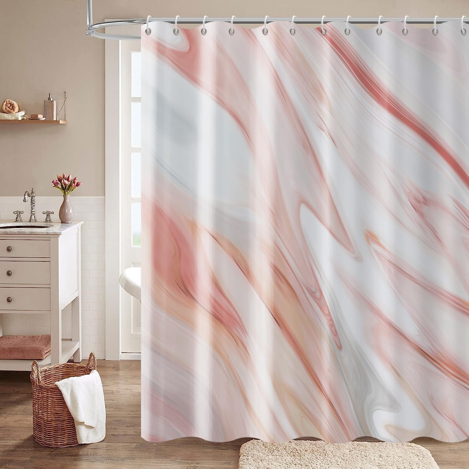 Pink Marble Shower Curtain, Peach Pink Modern Abstract Wave Luxury ...