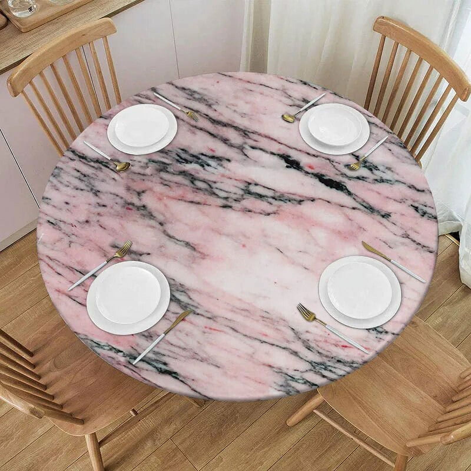 Pink Marble Surface Round Tablecloth Waterproof Elastic Edged Stone ...