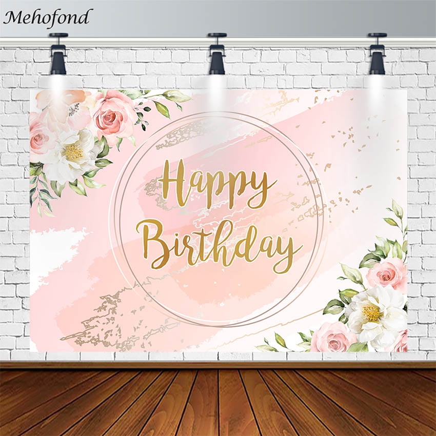 Pink Marble Texture Backdrop Happy Birthday Party Flowers Green Leaves ...