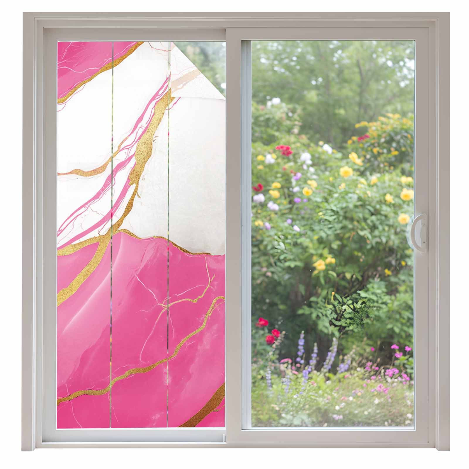 Pink Marble Window Privacy Film, Nature Marble Crack Yellow Lines Art ...