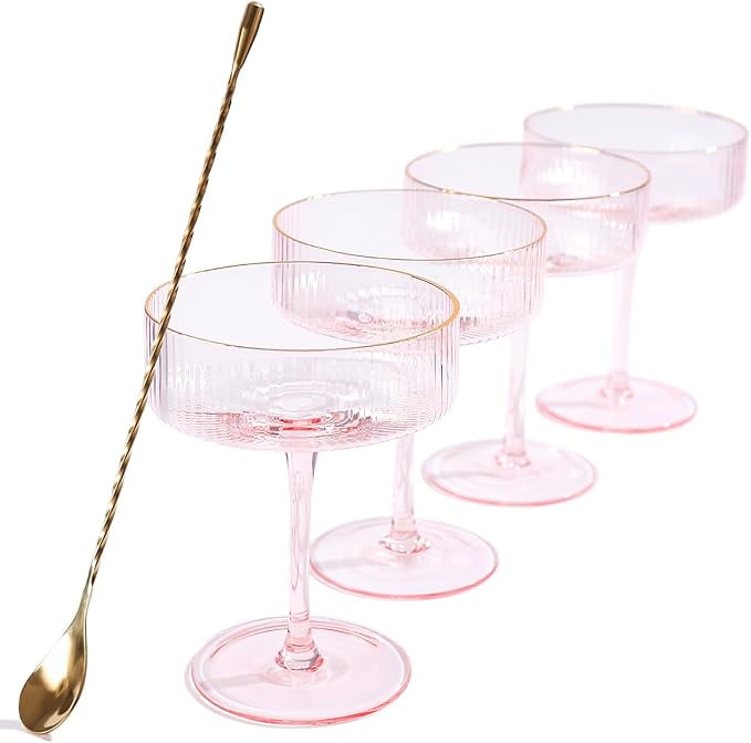 Pink Martini Glasses of 4, 10Oz Vintage Ribbed Cocktail Glassware Set ...