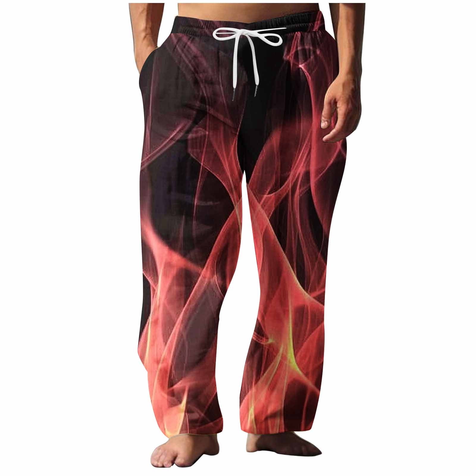 Pink Mens Hawaiian Flare Wide Leg Pajamas Fire Print Loose Fit Pants ...