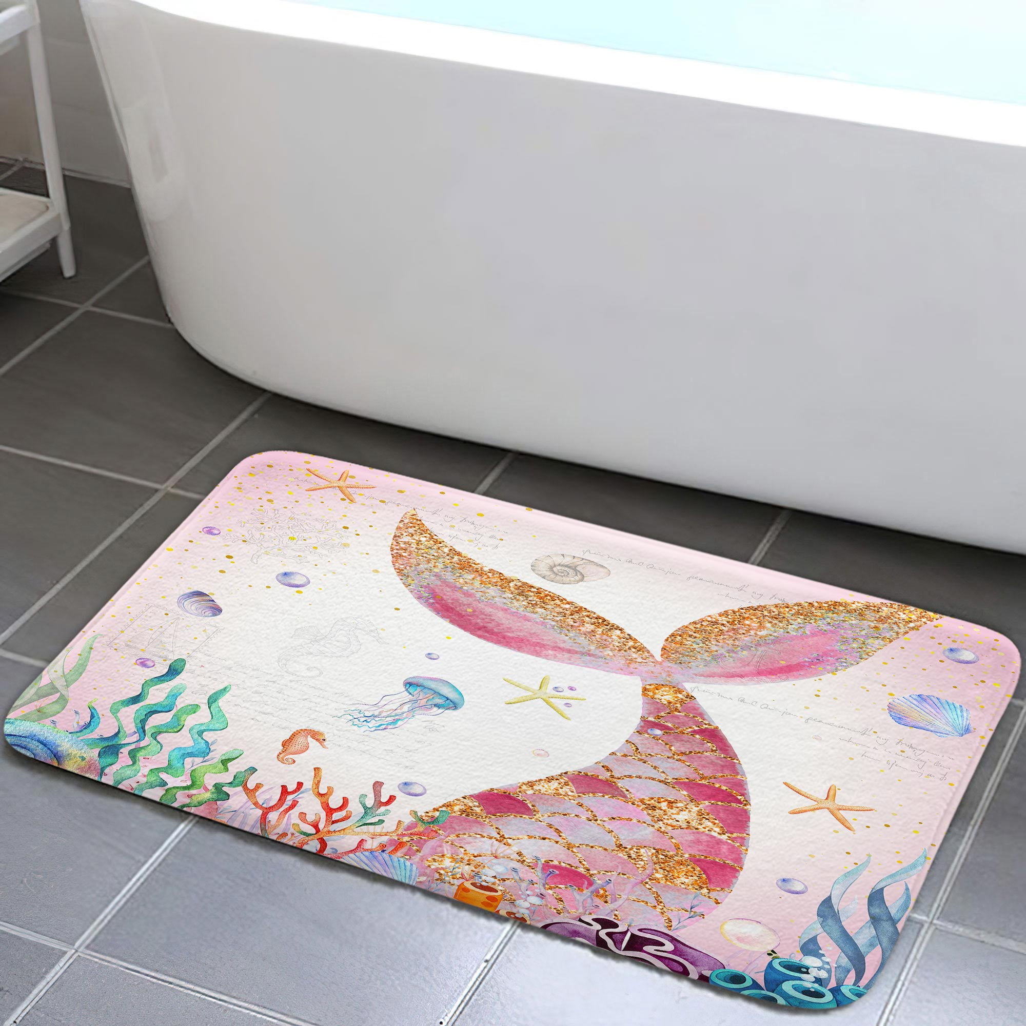 Pink Mermaid Bath Rugs for Bathroom,Sea Ocean Coral Reef Fish Seashell ...