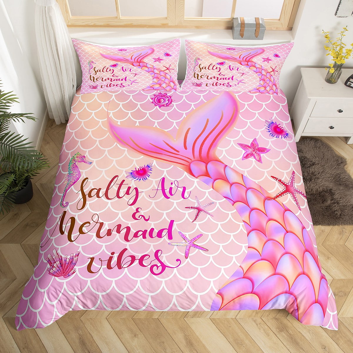 Pink Mermaid Duvet Cover King,Cartoon Mermaid Fish Scale Bedding Set ...