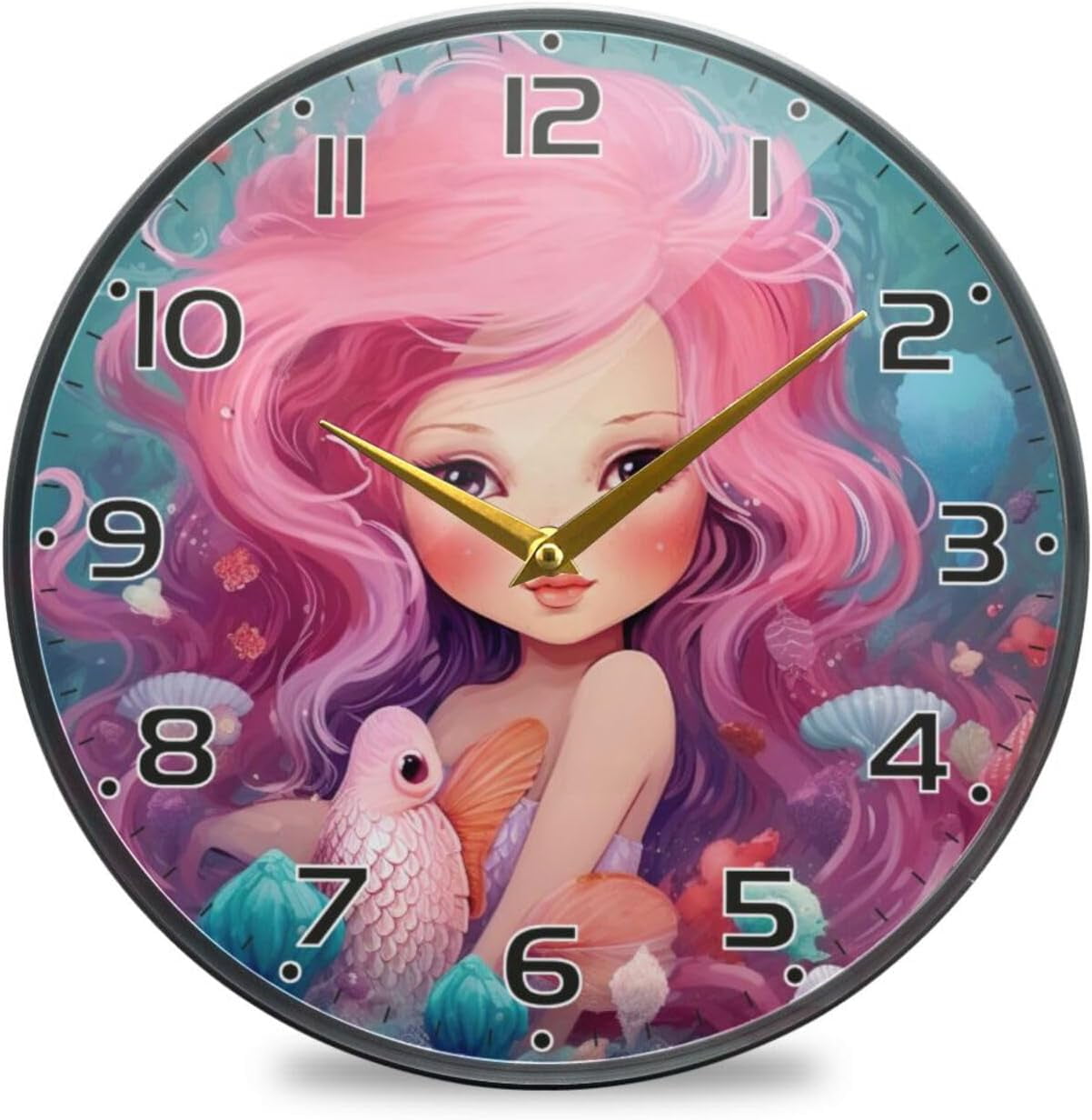 Pink Mermaid Girl Wall Clock Round Silent Non Ticking Battery Operated ...