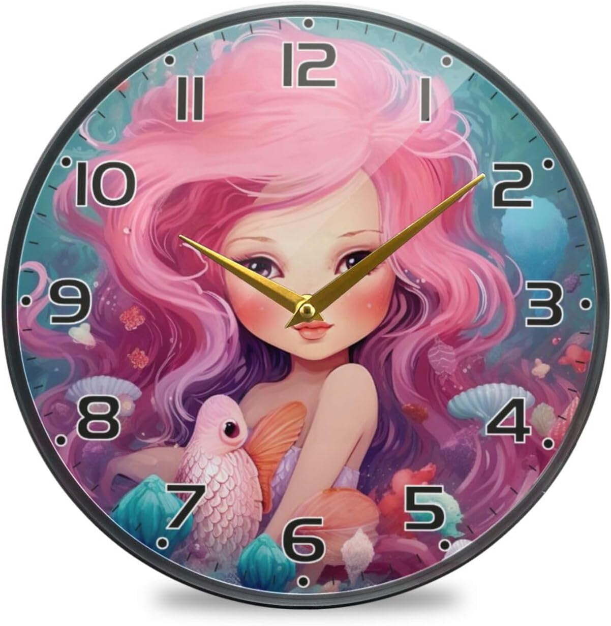 Pink Mermaid Girl Wall Clock Round Silent Non Ticking Battery Operated ...