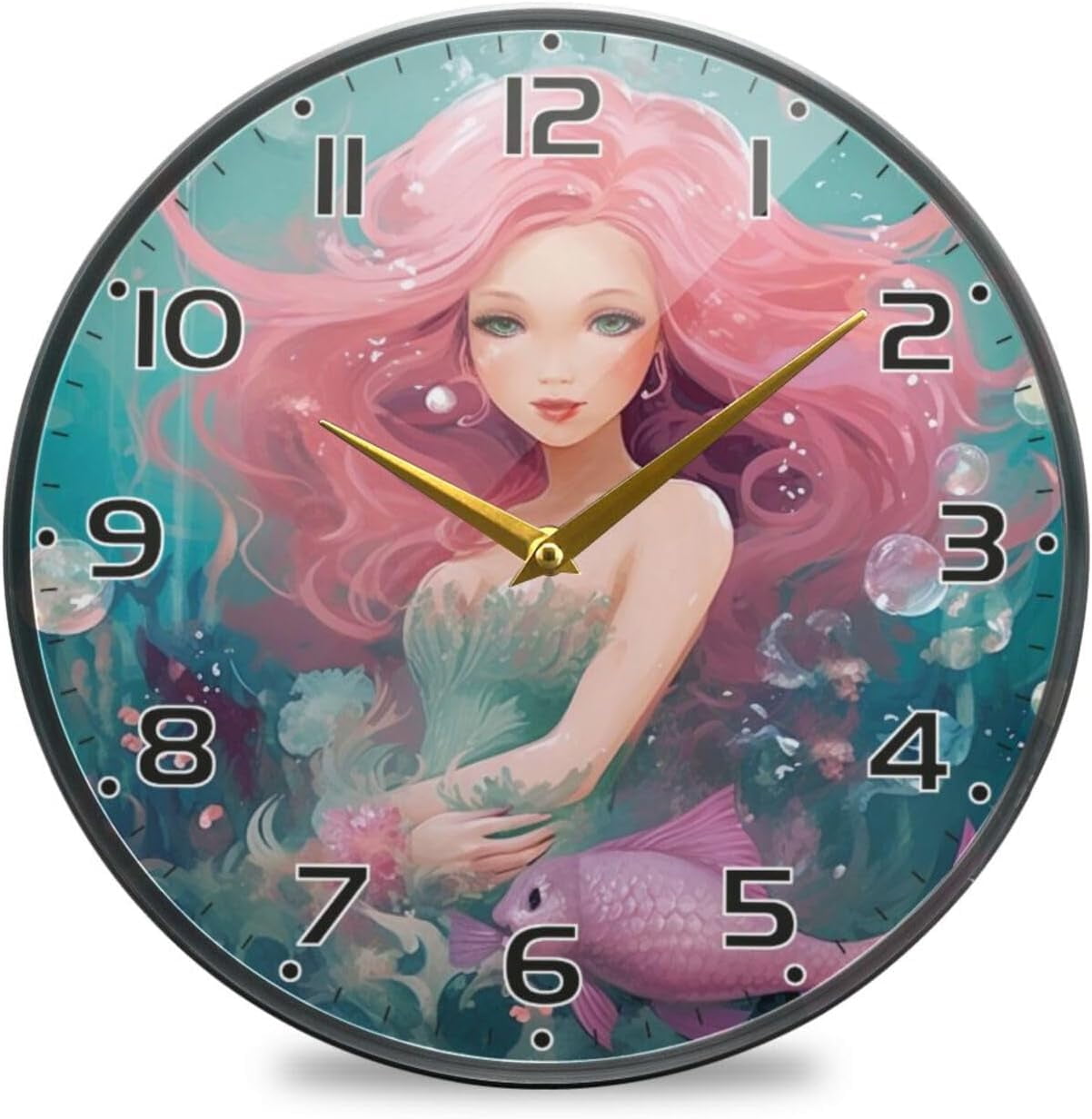 Pink Mermaid Girl Wall Clock Round Silent Non Ticking Battery Operated ...