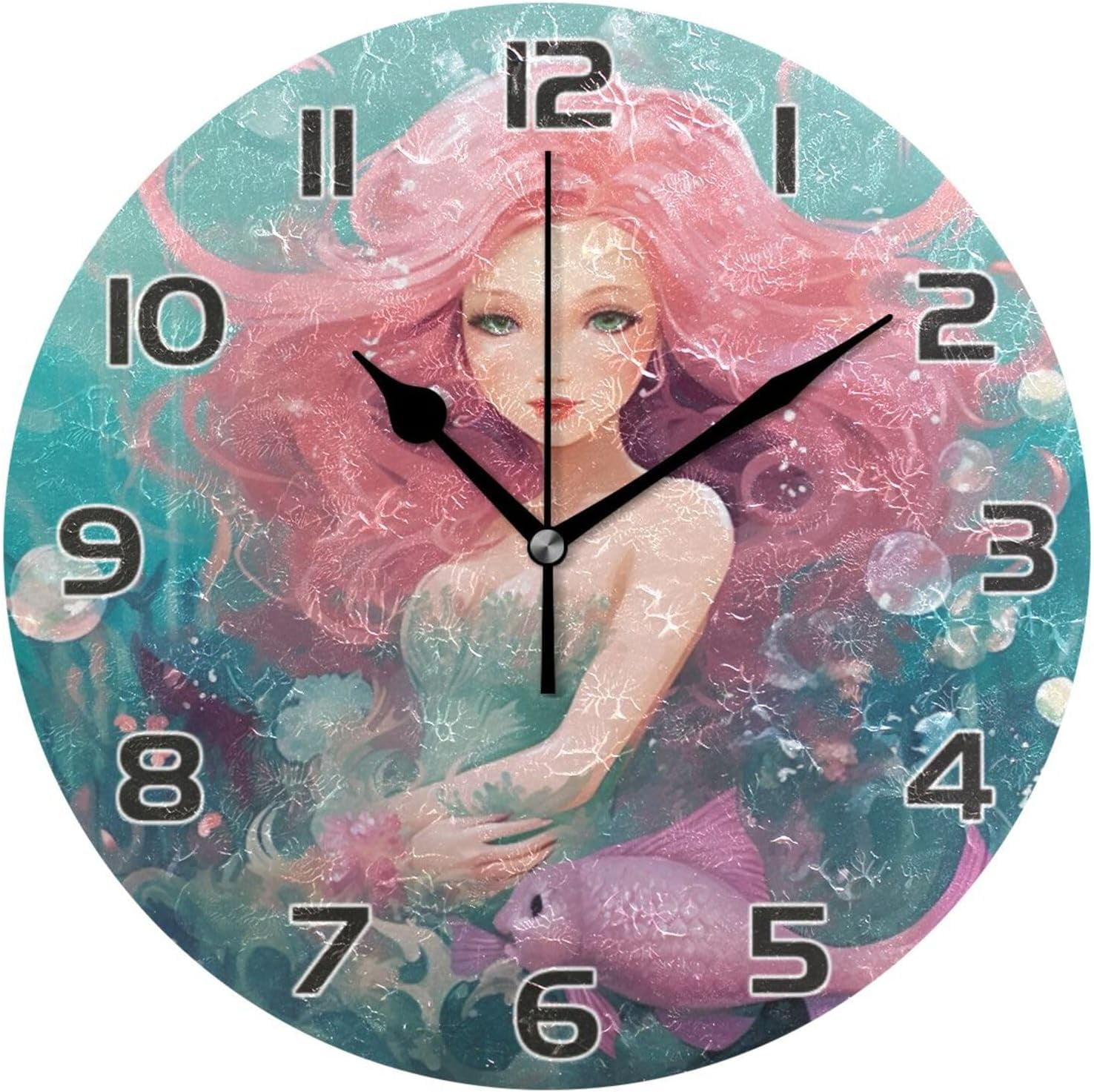 Pink Mermaid Girl Wall Clock Round Vintage Silent Non Ticking Battery ...