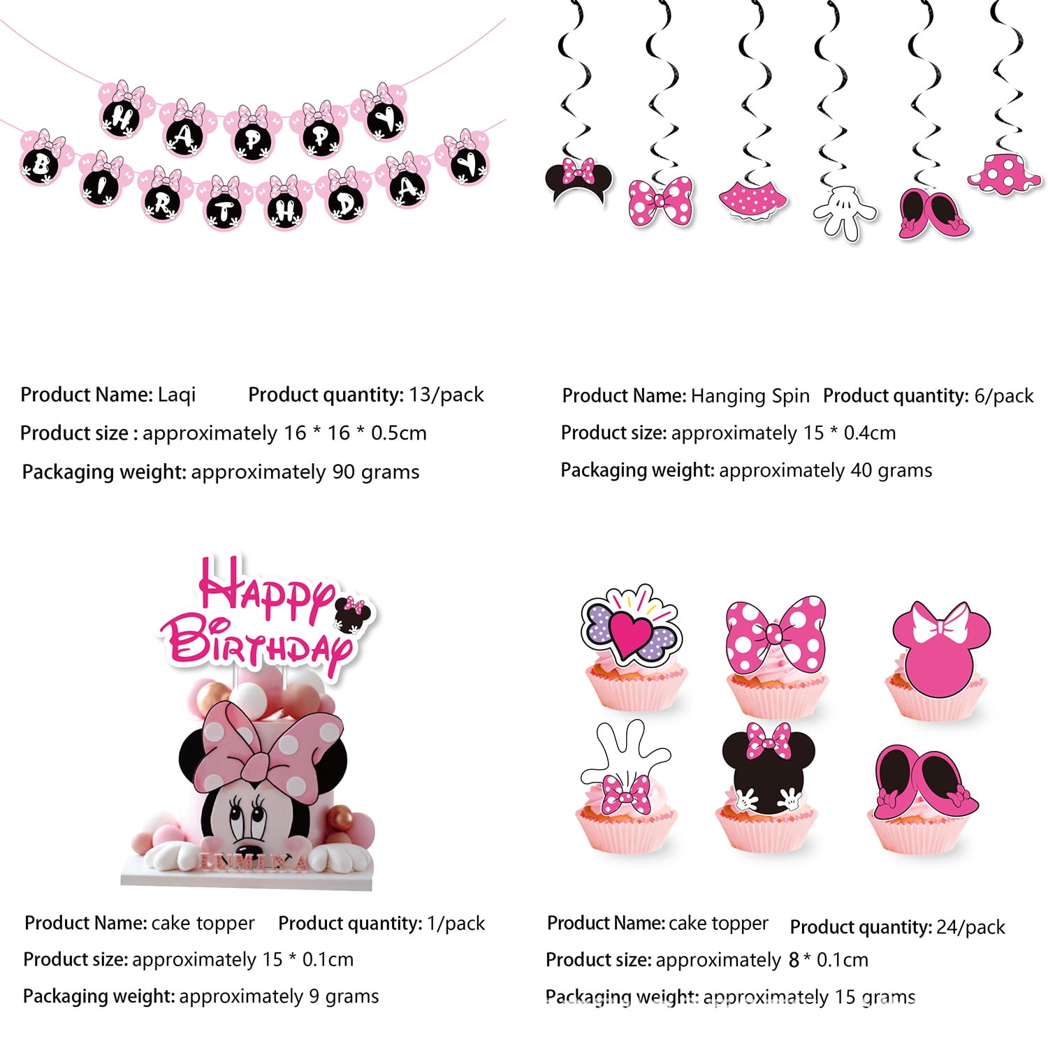 Pink Min-nie Mouse Theme Birthday Supplies Set Include Banner, Hanging ...