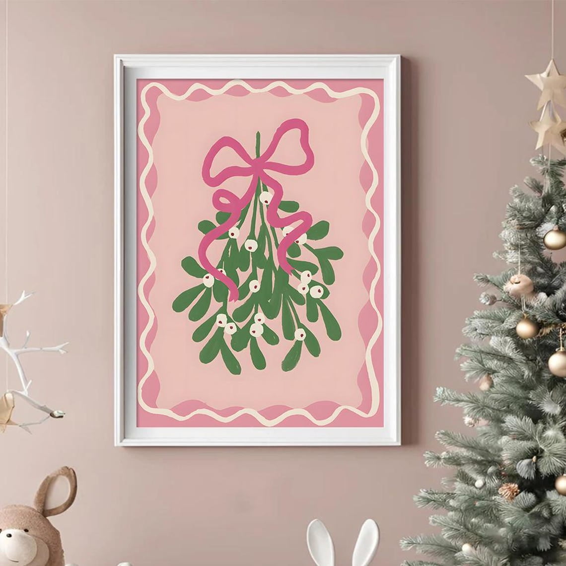 Pink Mistletoe Christmas Art: Whimsical Holiday Wall Decor, Unframed ...