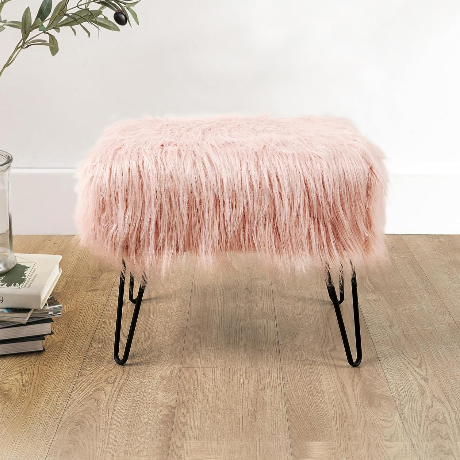 Pink Mongolian Faux Fur Ottoman, Rose, 19'' x 13'' x 17'', Cozy Plush ...